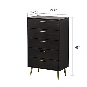 AGOTENI 5 Drawer Dresser-Black Chest of Drawers with Golden Handles,Contemporary Mid-Century Solid Wood Tall Dressers for Bedroom,Organizer Units for Living Room