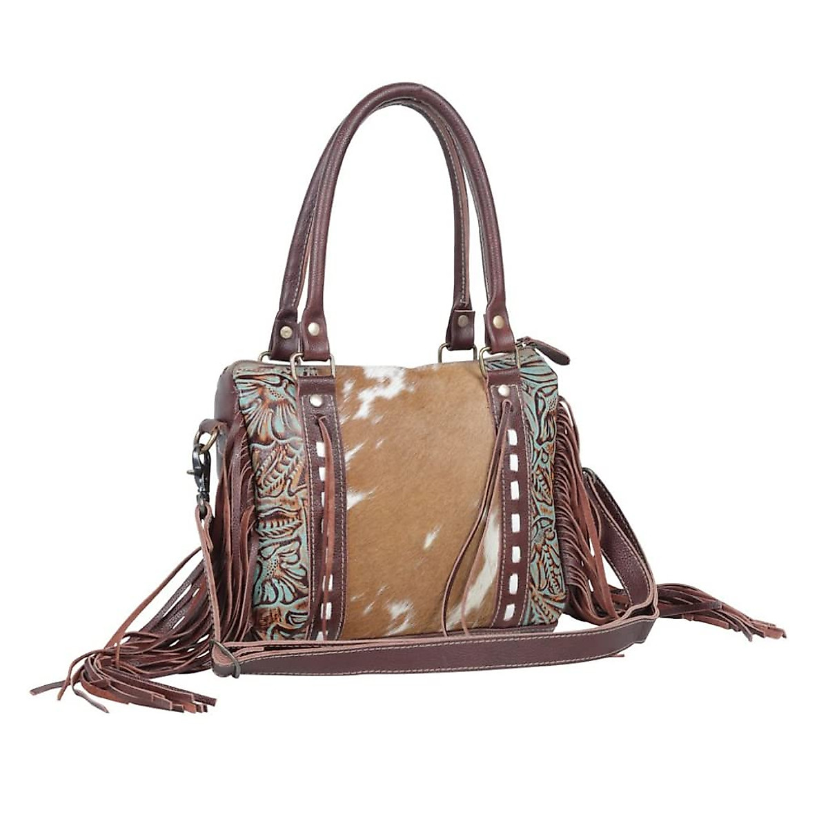 Myra Bag Maia Cowhide Purse - Western Style Purses for Women with Azure Embossed Leather and Brown & White Cowhide Design, Floral Tooled Accents and Fringes, Cow Hide Purse, Cowhide Purses for Women