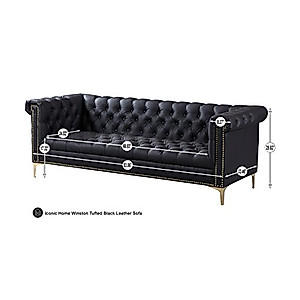 Iconic Home Winston Modern Tufted Gold Nail Head Trim Black PU Leather Sofa with Gold Tone Metal Y-Legs