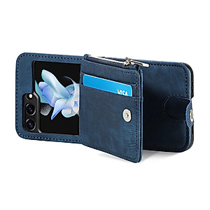 TopFunny Cases for Galaxy Z Flip 5 Wallet Case with Card Holder Retro 2 in 1 Detachable Zipper Flip Wallet Kickstand Premium PU Leather Protective Phone Cover for Samsung Galaxy Z Flip 5 5G 2023 Blue