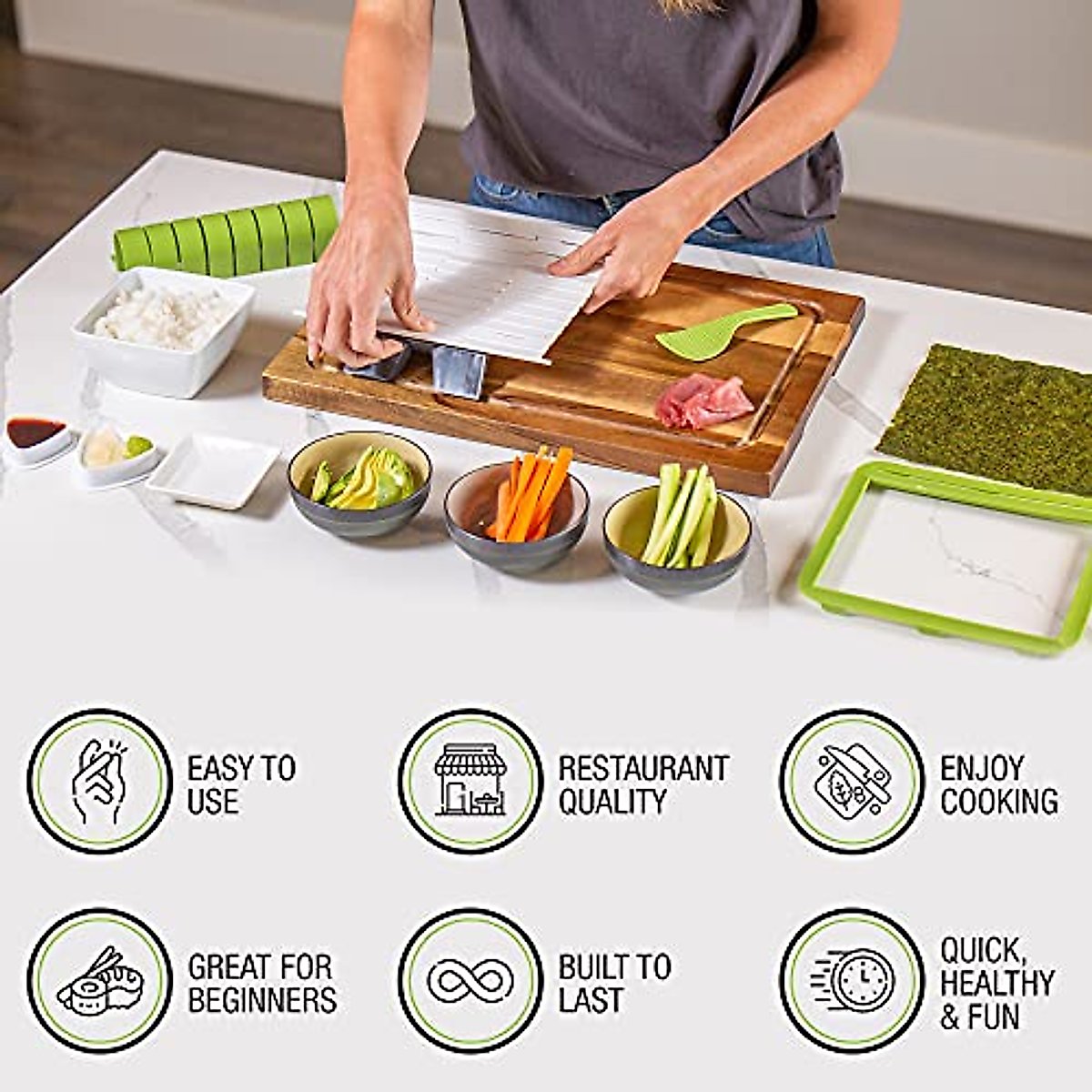 SushiQuik Sushi Making Kit | Sushi Kit for Beginners | Sushi Rolling Kit w/Unique Frame for Exact Amount of Sushi Rice on Every Sushi Seaweed Sheets | Sushi Maker Kit | Sushi Rolling Kit | Sushi Mat