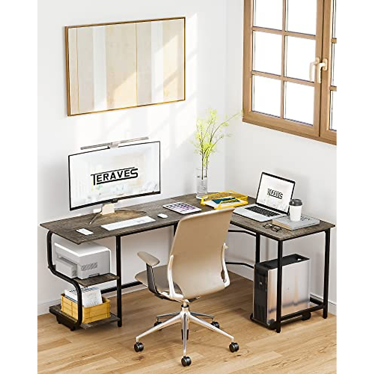 Teraves Reversible L Shaped Desk with Shelves 69“ Corner Computer Desk Gaming Desk Workstation for Home Office