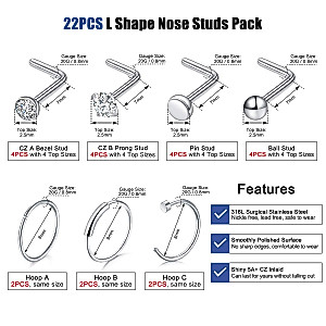 Ldurian 22PCS Nose Rings Studs | Nostril Piercing Jewelry Titanium Nose Stud Ring | Surgical Steel Nose Piercing Kit Jewelry | L Shape 20G Nose Studs Set