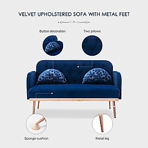Nrizc Velvet Sofa Couch with 2 Pillows, Modern Small Loveseat Sofa with Golden Metal Legs, Navy Couch for Living Room