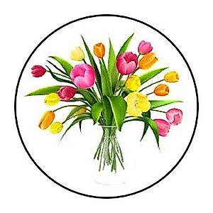 without brand Set of 48 Envelope Seals Labels Tulips Colorful Flowers 1.2" Round Adhesive Sticker