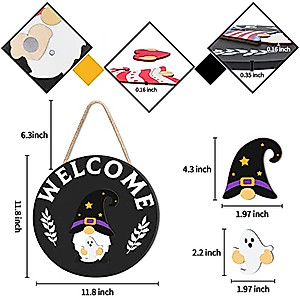 Fortuning's JDS Interchangeable Welcome Sign, 19 Magnet Gnome Decorations with Detachable Hats for Front Door, 12 Inches Wooden Front Door Decor as Easter Spring Gifts