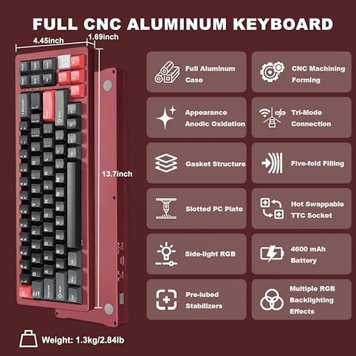 YUNZII AL71 75% Mechanical Keyboard,Full Aluminum CNC,Hot Swappable Gasket,2.4GHz Wireless BT5.0/USB-C Wired,NKRO Programmable RGB Backlight Creamy Typing for Win/Mac(Red,Crystal White Switch)