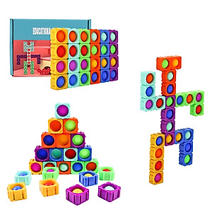 Pop Its Fidget Toys Girl Boy Creative DIY Fidget Building Block Toy Set 24Pcs Dimple Fidget Packs for Kids Anxiety Stress Relief Sensory Toys for Autistic Children ADHD Toddler Educational Toy Gift