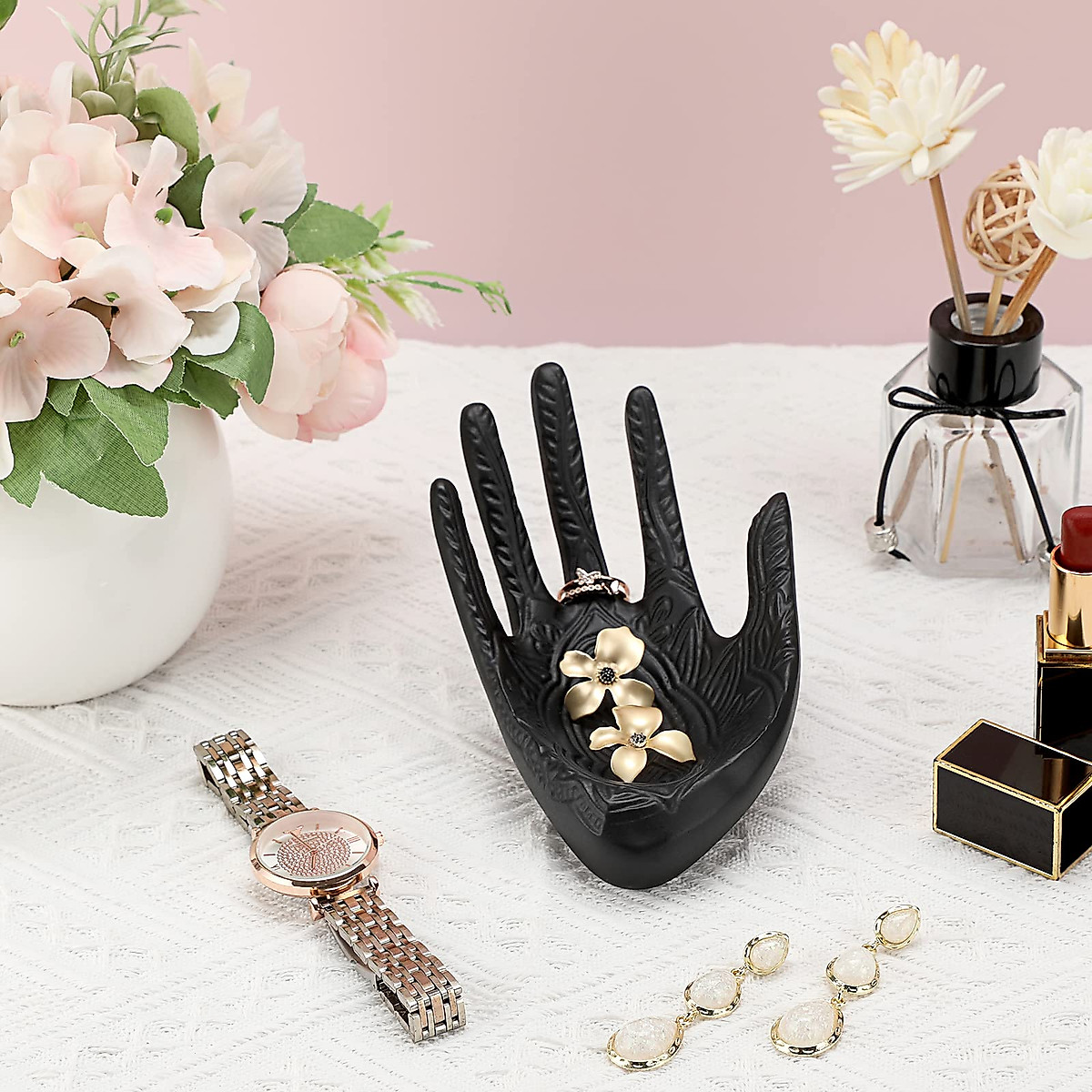 ELLDOO Buddha Hand Jewelry Tray Rings Holder Jewelry Display Hand jewelry Holder Trinket Dish Storage Decoration, Black