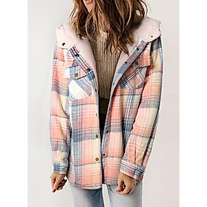 Dokotoo Fashion 2024 Winter Womens Ladies Plaid Shacket Jacket Women Sherpa Lined Fleece Fur Hooded Button Down Long sleeve Flannel Shirts Fluffy Warm Thick Oversized Outwear Coat with Pockets Pink M