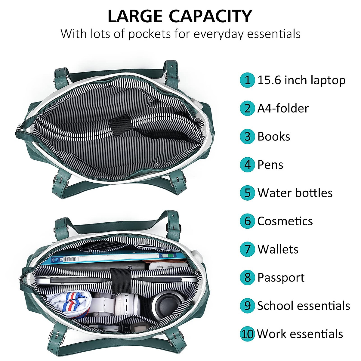 Tote Bag Women,Cute School Bag Bookbag for College,Small Work Purse with Pockets Laptop Compartment 15.6in,Canvas Zippered Shoulder Bag for Teacher Nurse,Green