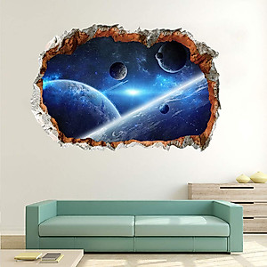 HERRA 3D Planet Universe Galaxy Outer Space Wall Decal Spacecraft Astronaut Wall Stickers, Peel and Stick Removable Space Capsule Window Wall Stickers Wall Mural for Kids Room (blue2)