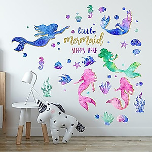 Yovkky Baby Girls Mermaid Wall Decals Stickers, Under The Sea Ocean Creatures Fish Conch Bubble Glitter Nursery Kids Room Crib Decor, A Little Mermaid Sleeps Here Home Decorations Bedroom Art