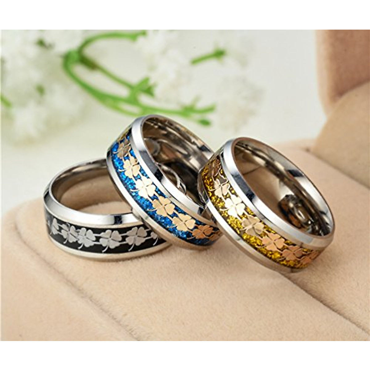 PAMTIER Titanium Steel 8 MM Four Clover Leaf Inlay Pattern Rings for Women Beveled Edges Black Size 9