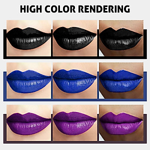 BADCOLOR 3 Colors Matte Liquid Lipstick Set, 24-Hour Smudge Proof Permanent Dark Lipstick Waterproof Velvet Nonstick Cup Stain Lip Gloss Set, Halloween Makeup Lip Gloss Gift - Purple, Black, Blue