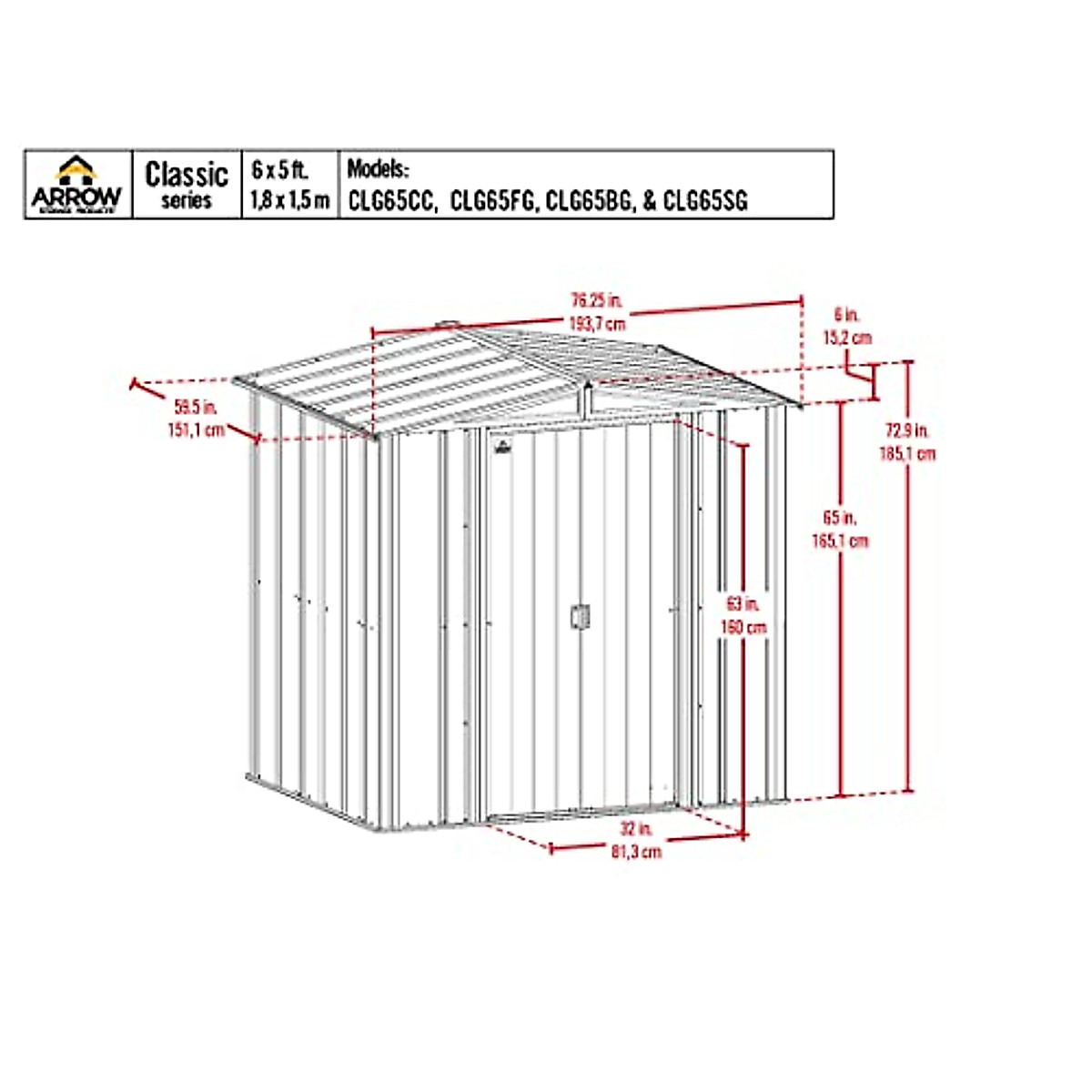 Arrow Shed Classic 6' x 5' Outdoor Padlockable Steel Storage Shed Building