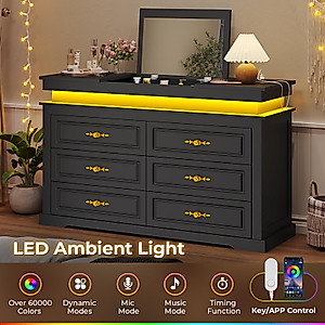 HAUOMS Dresser with LED Lights,LED Chest of Drawers with Flip-Top and Charging Station,6 Drawers Dresser with Mirror,Black Dresser for Bedroom,Living Room,Cloest