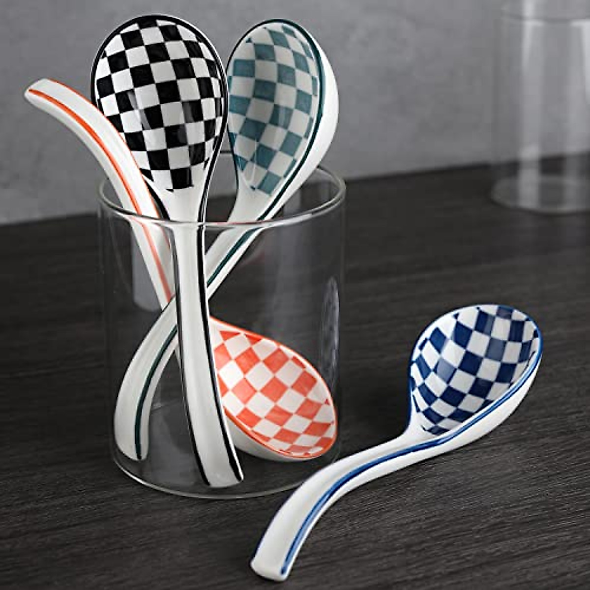 Porcelain Soup Spoons Asian Soup Spoon Set of 4 Large Chinese Soup Spoon Curved Handle Korean Ramen Spoons for Pho Ramen Noodles Wonton Dumpling Rice (Model 3#)