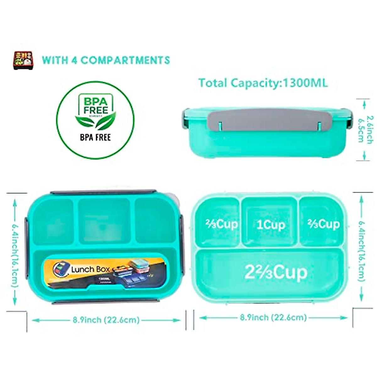 HappyRhino Bento Lunch Box for Kids Adult,4 Compartment Lunch Box Containers,With Accessories Silicone Food Cake Cups, Cute Food Picks for Kids,Easy to Clean (GREEN)