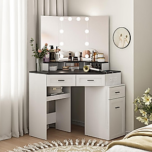 Fameill Corner Vanity Desk with Tri-Fold Mirror and Adjustable Light, Makeup Dressing Table with Power Outlet, 3 Drawers, Sliding Cabinet, Open Shelves, White Vanity Desk for Bedroom, Women, and Girls