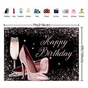 Rose Gold Glitter Happy Birthday Backdrop High Heels Champagne Glass Photography Background for Adult Women Birthday Party Decorations Banner Photo Booth 7x5ft