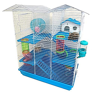 Large Twin Tower 5-Levels Crossing Level Tube Habitat Syrian Hamster Home Rodent Gerbil Mouse Mice Rat Wire Animal Cage (21L x 14W x 23H inches, Blue)