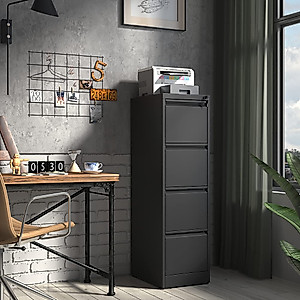 IKIMI 4 Drawer File Cabinet,Metal Filing Cabinets with Lock,Black Vertical File Cabinet for Home Office,Heavy Duty Metal Storage Cabinet for A4/Letter/Legal Size File,Assembly Required