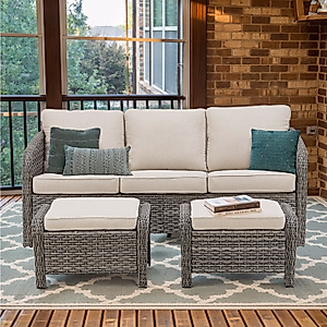 LUMIINOFAMI 3 Piece Patio Couch PE Wicker 3-seat Sofa, 73.6'' Long Outdoor Couch Patio Sofa with 2 Ottoman, Barrel-Shaped Wicker Sofa Outdoor Furniture Rattan Wicker Sofa for Patio Deck Porch