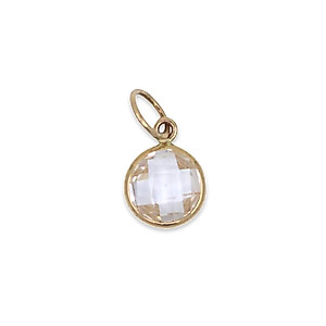 White Quartz Charm 6mm Round Checkerboard-Cut Handmade In 14k Yellow Gold