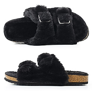 FITORY Womens Open Toe Slipper with Cozy Lining,Faux Rabbit Fur Cork Slide Sandals Black Size 9
