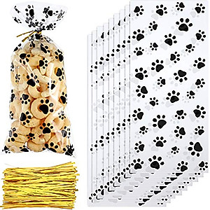150 Pieces Clear Treat Bags Paw Print Cellophane Bags Pet Gift Bags with 150 Pieces Twist Ties for Party Supplies (Black)