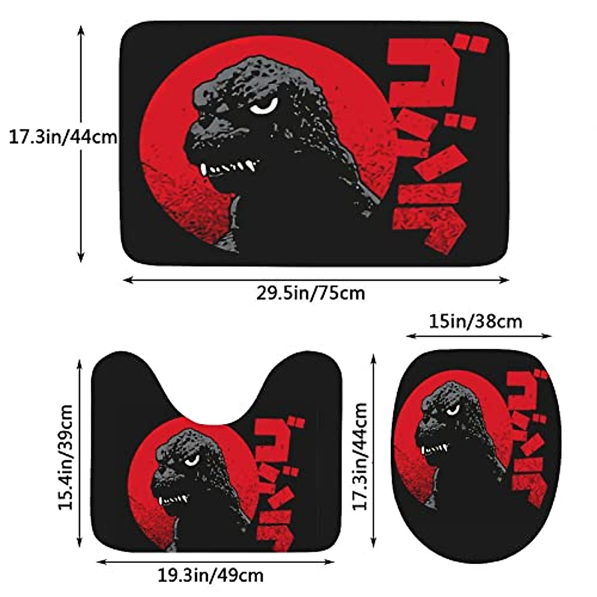 God-Zilla 4-Piece Shower Curtain Set, Shower Curtain, Non-Slip Carpet, Toilet Lid and Bath Mat, Good Looking and Durable, Suitable for Overall Bathroom Decoration