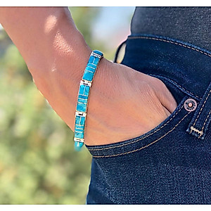 Turquoise Bracelet Sterling Silver 925 Genuine Gemstones Link Bracelet (7", Turquoise)