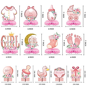 13 Pcs Pink Baby Shower Centerpieces for Tables，Honeycomb Centerpiece Baby Shower Decorationsfor Girls, Gender Reveal girl Baby Shower Centerpiece for Baby girls Party Birthday Tables Decorations