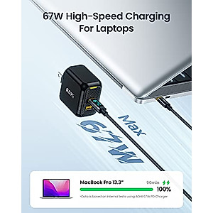 65W USB C Charger, AOHI 2 Ports 67W USB C GaN Charger Power Adapter, PPS Foldable Compact PD Fast Wall Charger with 4ft USB-C Display Cable for MacBook Pro/Air, iPhone 14, iPad Pro,Galaxy, Steam Deck