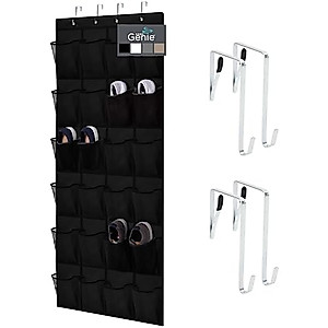 HOME GENIE 24 Pocket Strong Space Saving Over Door Shoe Organizer, Holds Up to 40 Pounds, Stay In Place Hooks Large Breathable Mesh Pocket Hanging Behind Closet Caddy Holder, Cabinet Rack, Black