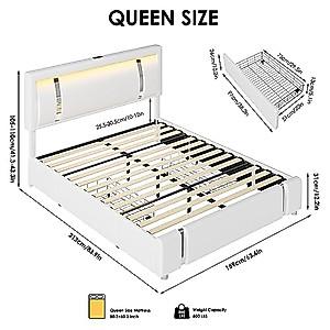 Queen Bed Frame with RGB LED Lights Headboard & 2 Storage Drawers, Modern Upholstered Faux Leather Smart Platform Bed with Iron Metal Decor, USB & USB-C Charging Ports, No Box Spring Needed, White