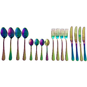 Lightahead 16pcs Rainbow colored Iridescent Stainless Steel Flatware Tableware Cutlery Set in attractive Black Gift Box (Multicolored)