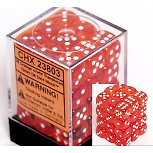 Chessex Dice d6 Sets: Orange with White Translucent - 12mm Six Sided Die (36) Block of Dice