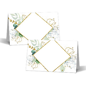 Gold Foil Greenery Table Place Cards - 25PCS Tent Cards - 2.1” x 3.5“ Food Lables - Name Place Cards for Table Setting - Name Cards for Birthday Party Baby Shower - Scored for Easy Folding -16