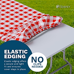 Sorfey Tablecloth -Fitted with Elastic, Vinyl with Flannel Back, Fits for Table 60"x 30" Rectangle,Water Proof, Easy to Clean, Checked Red Design
