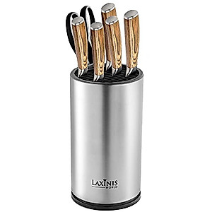 Laxinis World Universal Knife Block, Stainless Steel Round Knife Holder with Scissors-Slot, Counter-top Storage, Holds 12 8.5”-Blade Knives, 9” by 4.5” (knives not included)