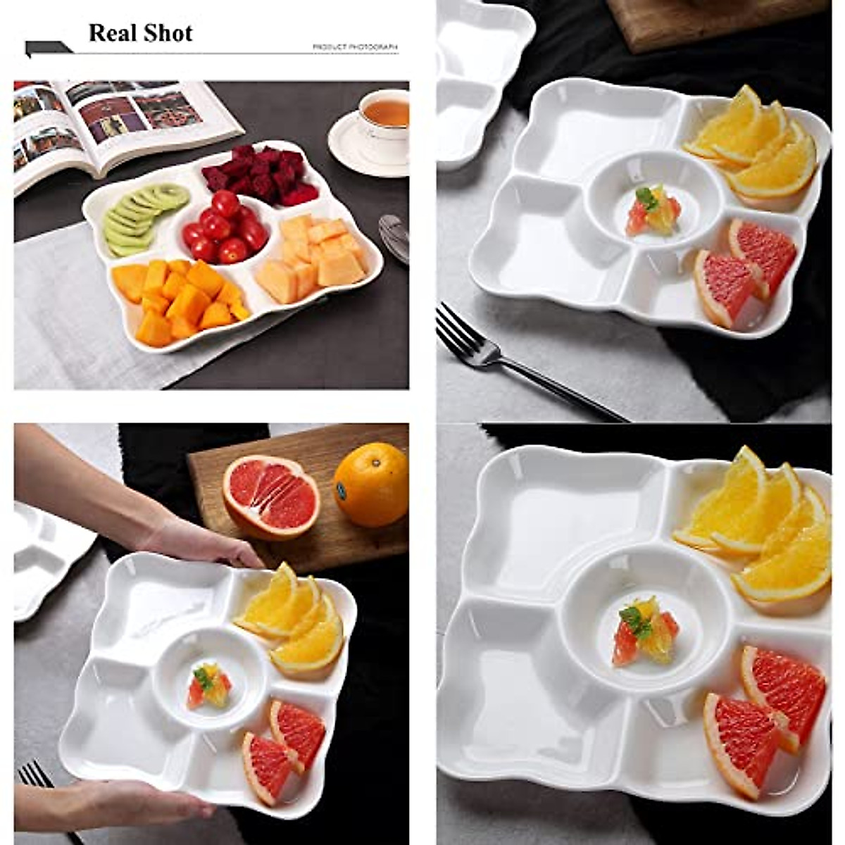 Okllen 3 Pack Porcelain Divided Serving Tray, White Appetizer Tray Platter for Chips and Dip, 5 Compartments Decorative Fruit Veggie Tray Candy Snacks Dishes, Square, 9.5" L x 9.5" W x 1" H