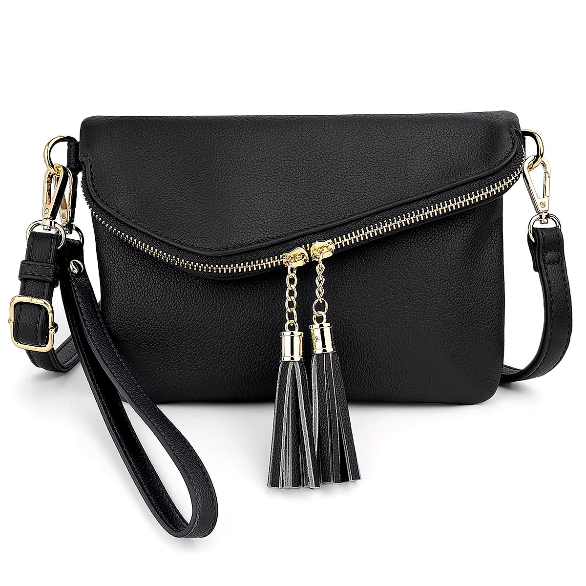 UTO Envelope Wristlet Clutch Crossbody Bag for Women Double Tassel Cellphone Trendy Purse with Strap and Zip Pocket Dahlia Red
