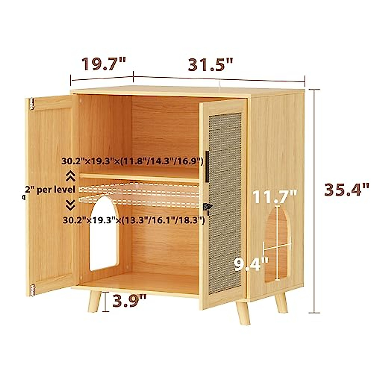 Lovinouse Large Cat Litter Box Enclosure, Hidden Cat Washroom Furniture with Sisal Covered Doors, 2 Layer Wooden Cat Cabinet with Adjustable Shelf, Side Table TV Stand for Living Room