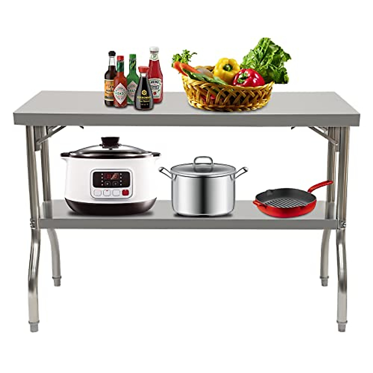 2-Layer Stainless Steel Table Metal Work Table for Kitchen Prep Utility Commercial Worktable Workstation 48 * 24 * 33.5 Inch Folding Commercial Prep Table, Heavy-Duty Stainless Steel Folding Table