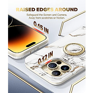 GVIEWIN Compatible with iPhone 14 Pro Case 6.1 Inch 2022, [Built-in 360° Rotatable Ring Stand] Marble Slim Stylish Durable Hard Shockproof Phone Holder Kickstand Cover(White/Gold)