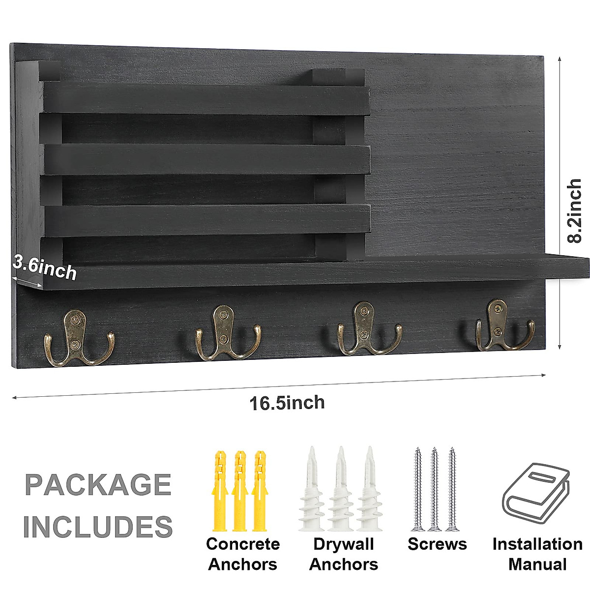 Lwenki Key & Mail Holder for Wall - Rustic Natural Paulownia Wood, 4 Double-Hook Hangers - Wall Mounted Organizer for Decor, Bags, Accessories - Hardware & Manual Included (Black)