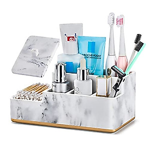 Toothbrush Holder, Aimou Bathroom Organizer Countertop, Bathroom Counter Storage Electric Toothbrush Toothpaste Razor Holder for Bathroom/Vanity, Cotton Ball, Cotton Swab, Floss, Marble White