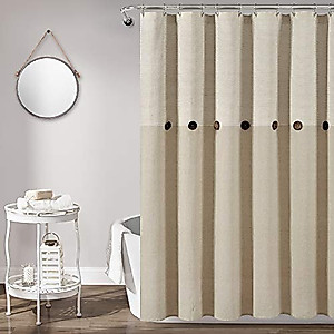 Lush Decor Beige Linen Woven Cotton Shower Curtain, Farmhouse Button Stripe, Yarn Dyed (72" x 72")